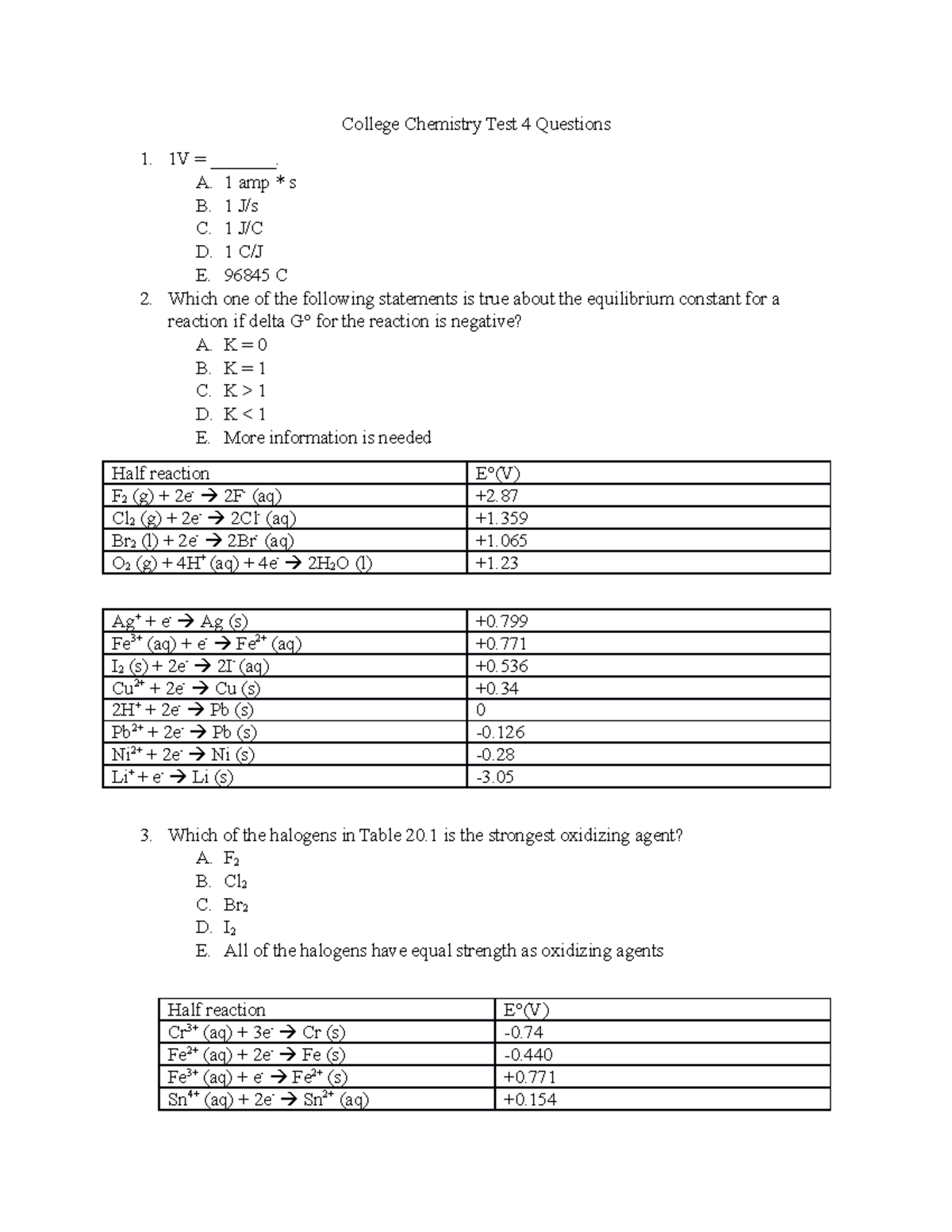 College Chem 2 Test 4 Questions - CHEM 122 - Studocu