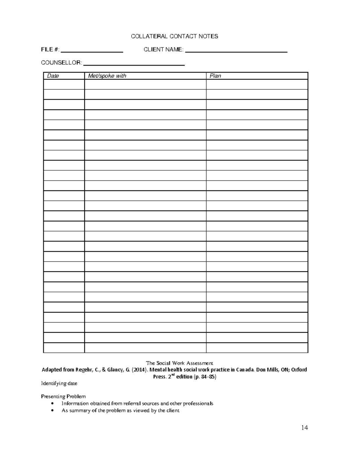 Assessment Outline - 14 COLLATERAL CONTACT NOTES FILE #: CLIENT NAME ...