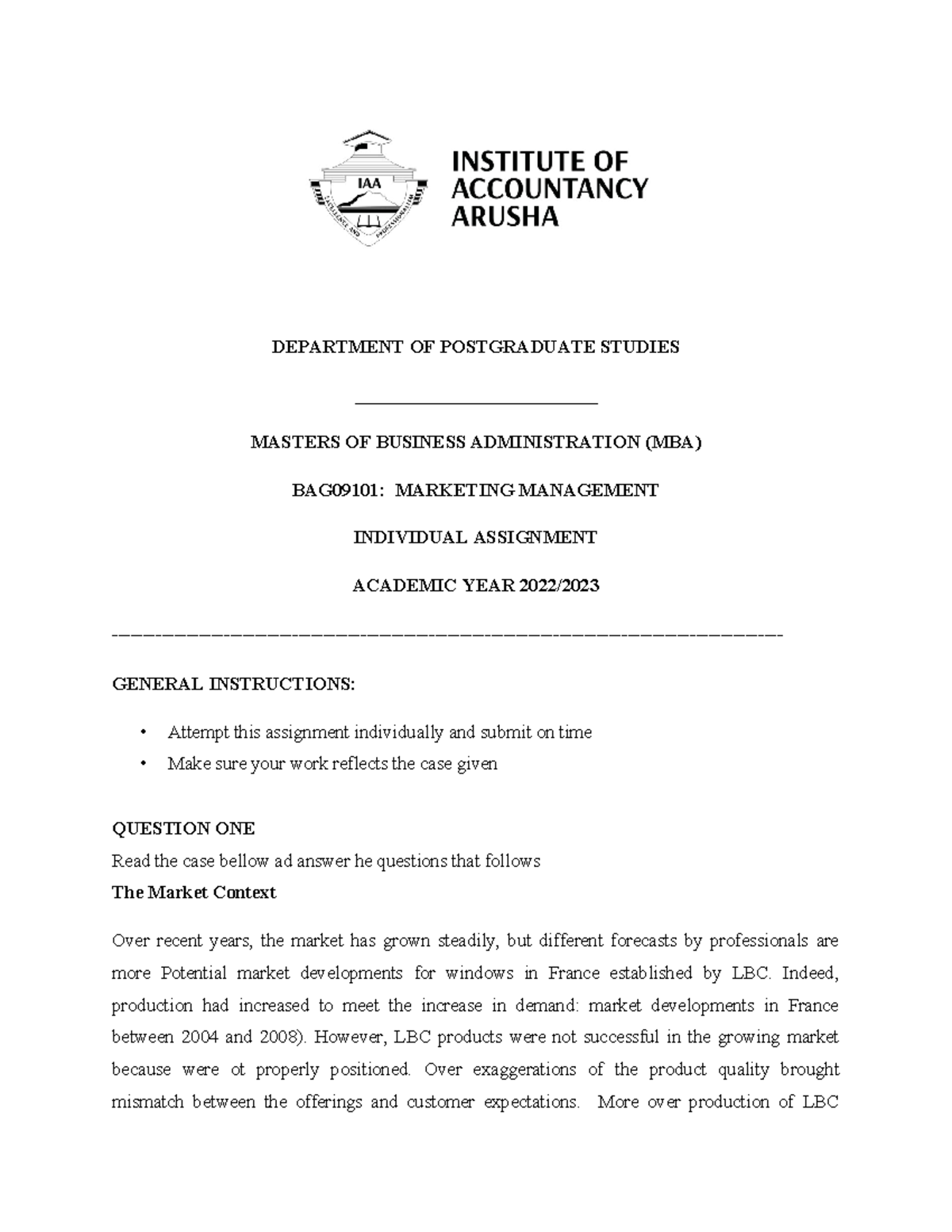 Individual assignment - DEPARTMENT OF POSTGRADUATE STUDIES ...