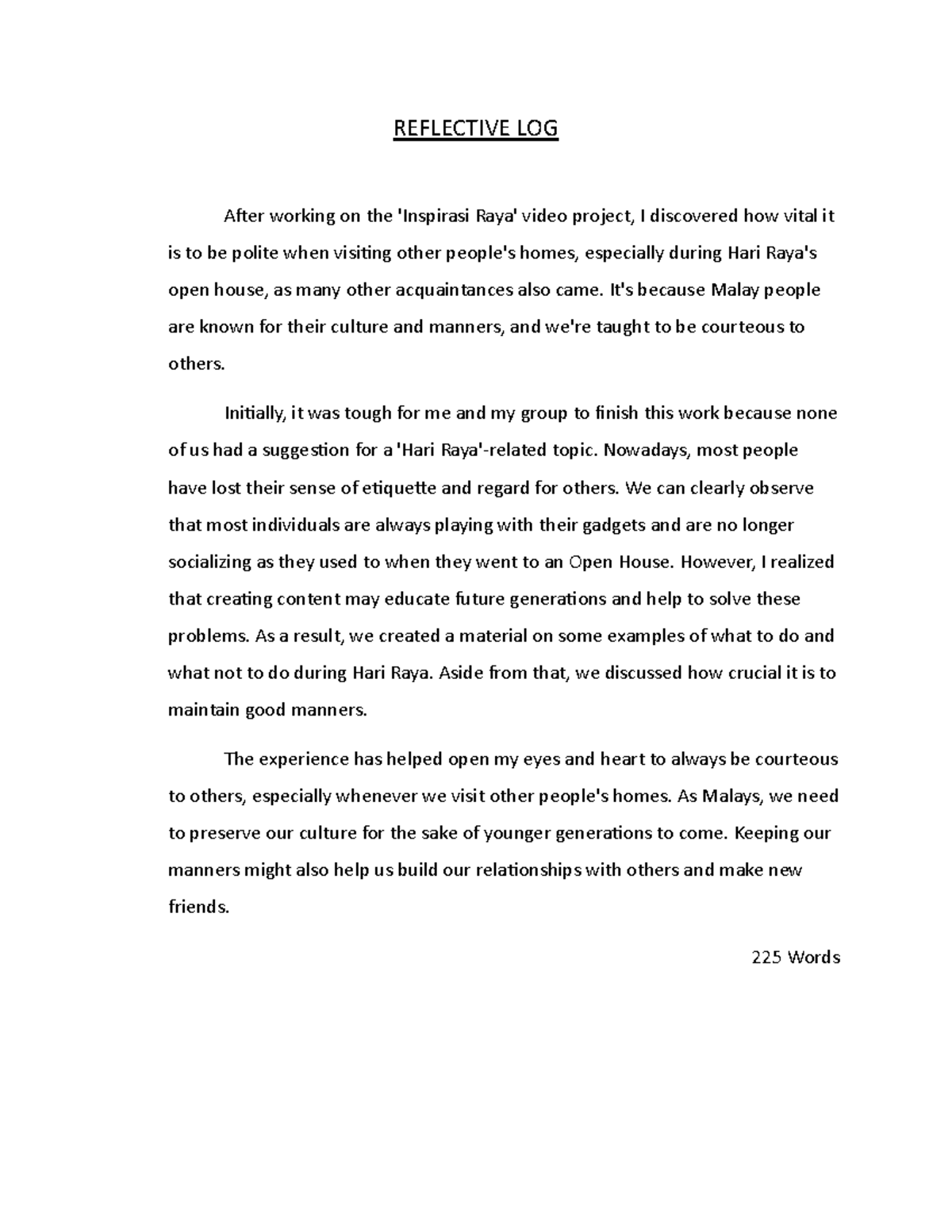 Reflective LOG - REFLECTIVE LOG After working on the 'Inspirasi Raya ...