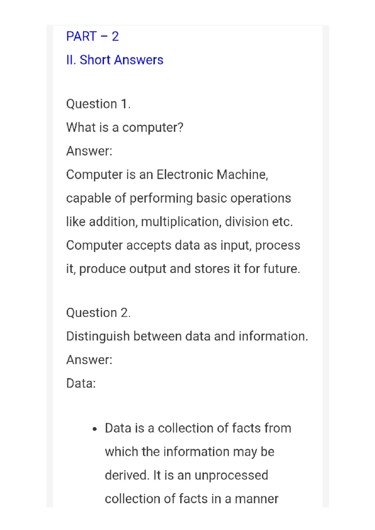 Computer lesson 1 - good - PART 2 II. Short Answers Question 1. What is ...
