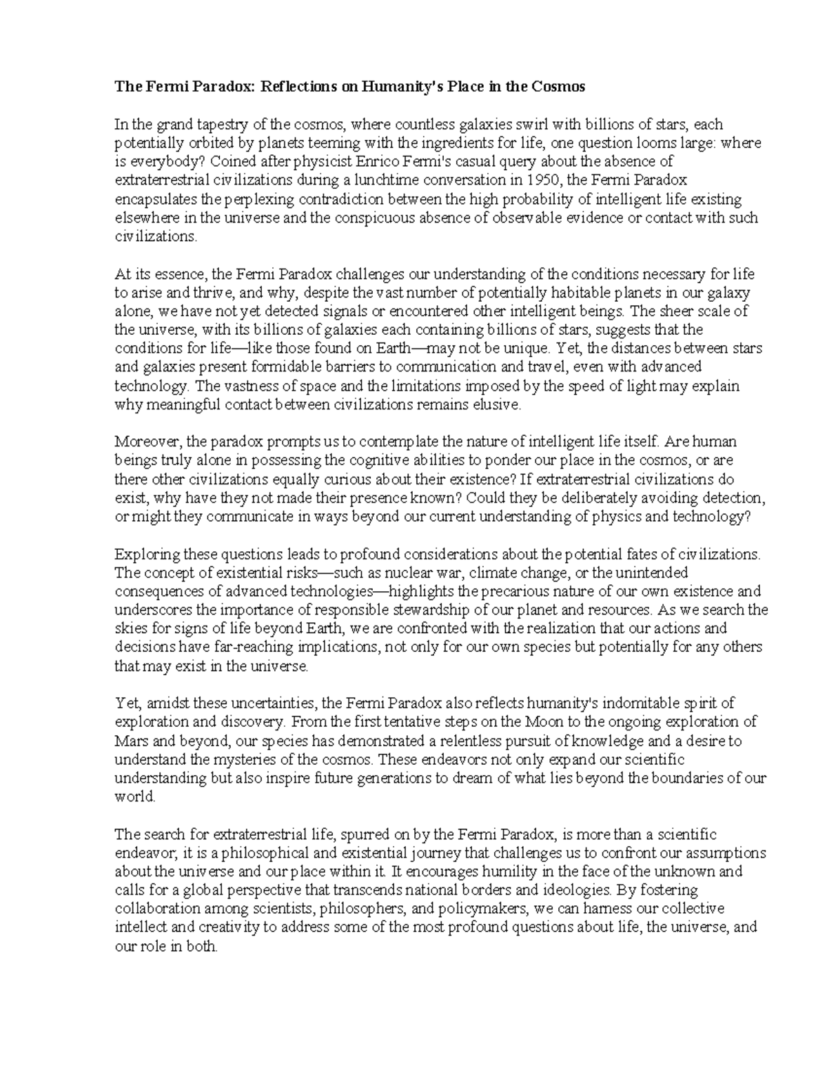 Fermi paradox - Essay - The Fermi Paradox: Reflections on Humanity's ...