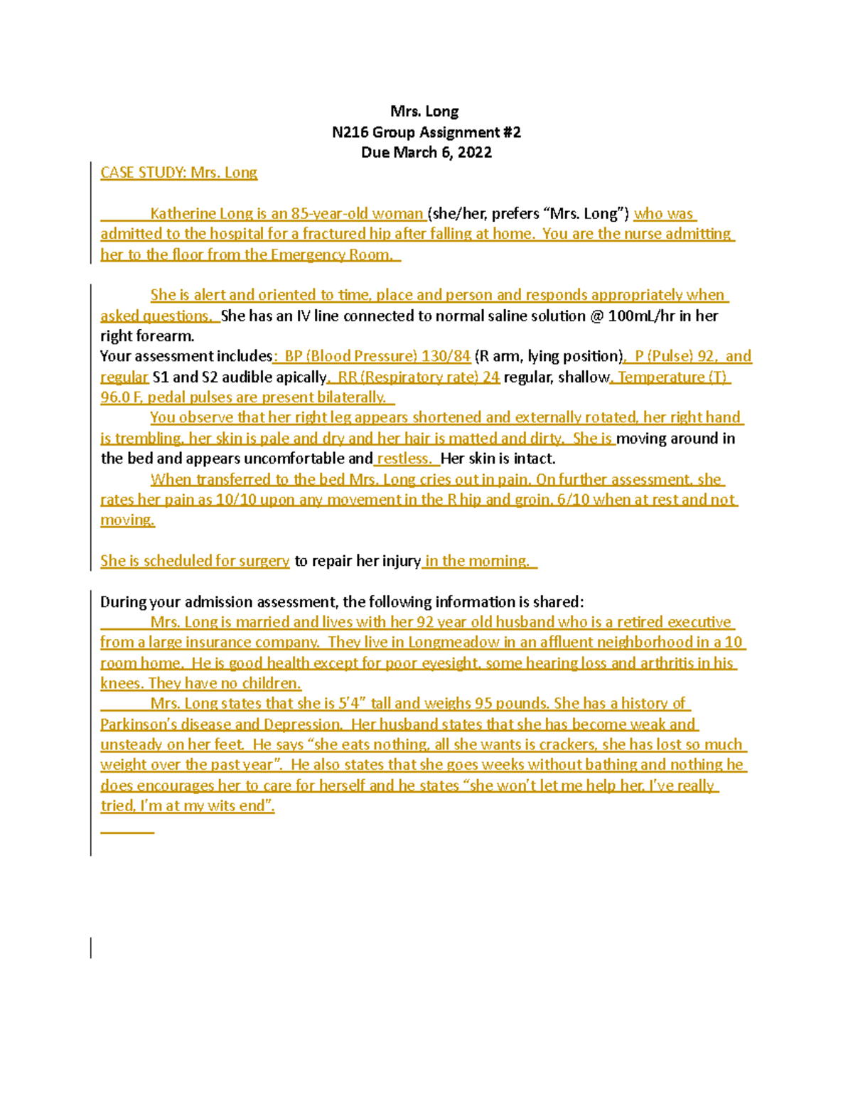 Mrs Long Part 1 - Class assignment - Mrs. Long N216 Group Assignment ...