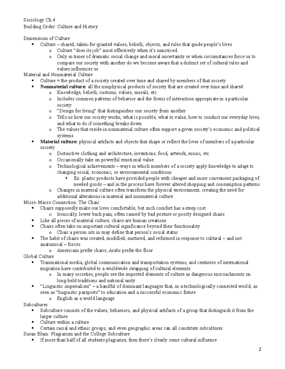 Sociology Ch.4 Notes - Building Order: Culture and History Dimensions ...