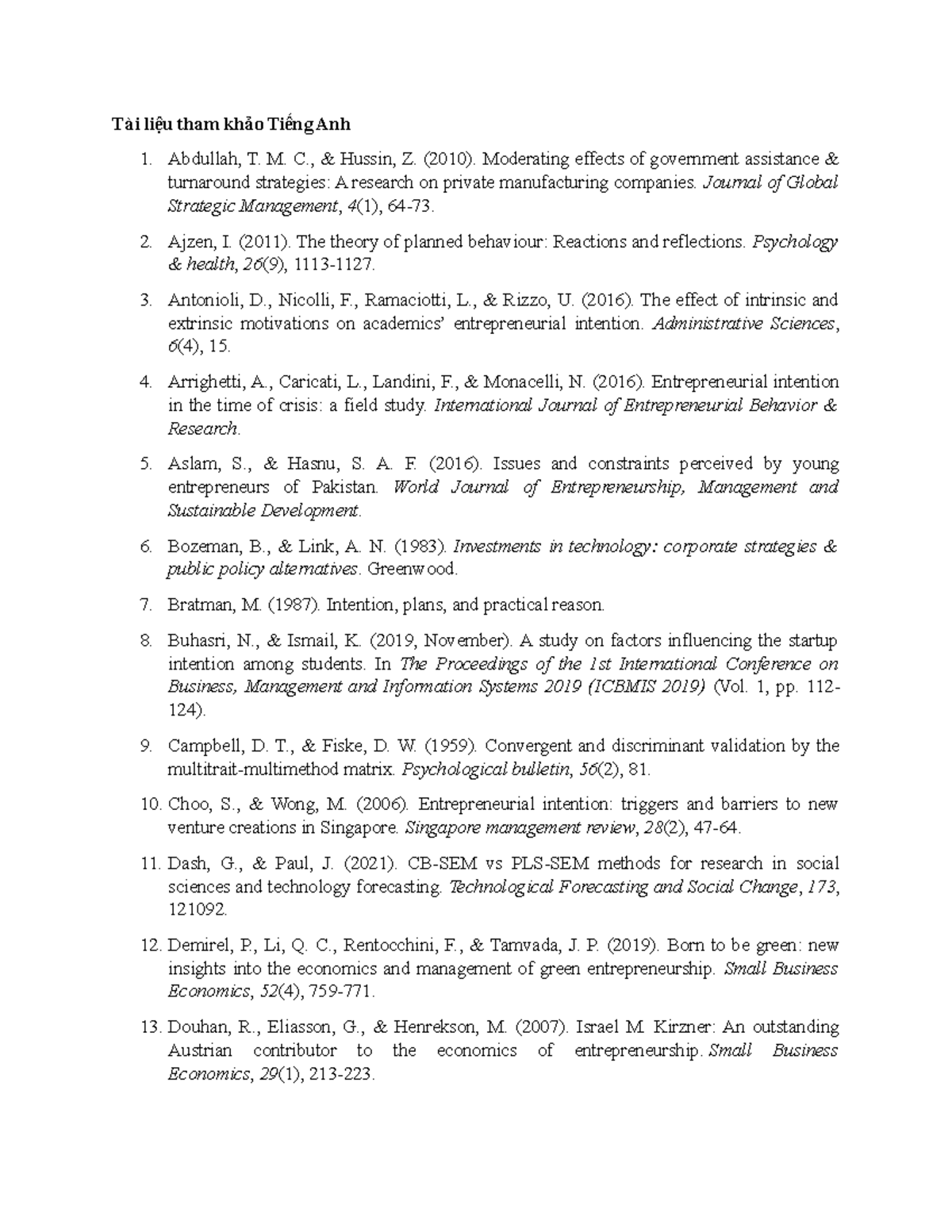 TLTK Khởi nghiệp - tổng hợp tài liệu tham khảo - Tài liệu tham khảo Tiếng Anh Abdullah, T. M. C ...