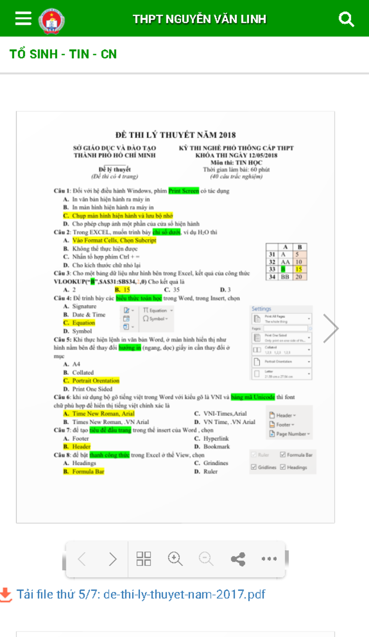 Bộ đề và đáp án ôn tập thi môn Nghề Tin Học THPT Nguyễn Văn Linh - THPT NGUYÊN VÄN - Studocu