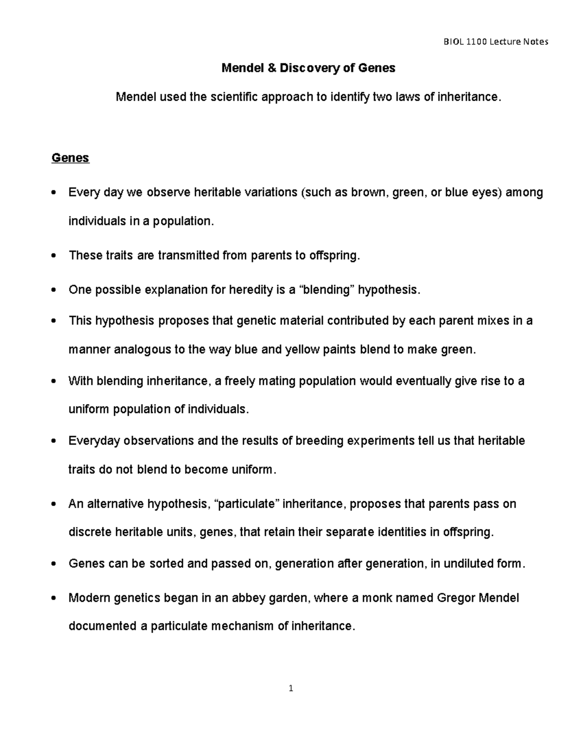 2021 BIOL11000 Mendel Gene Discovery Lecture Notes 13 - Mendel ...
