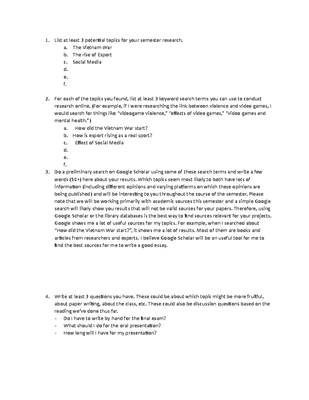Brainstorming Worksheet - List at least 3 potential topics for your ...