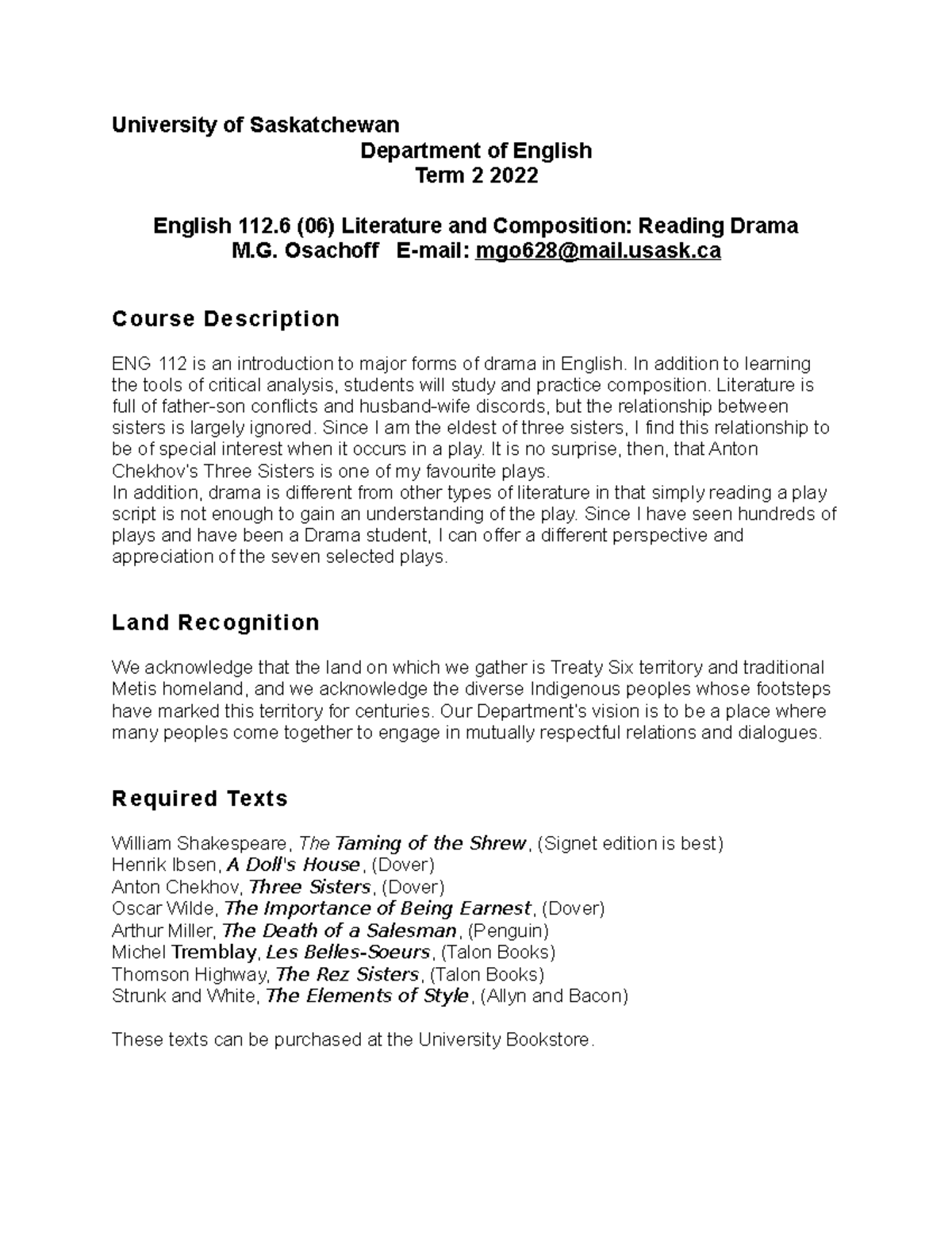 Osachoff Drama Syllabus Winter 2022 - University of Saskatchewan ...