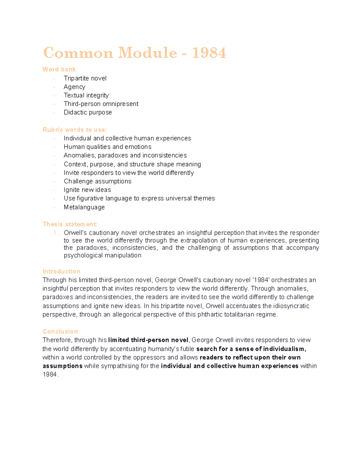 Advanced English HSC Notes - Common Module - 1984 Word bank Tripartite ...