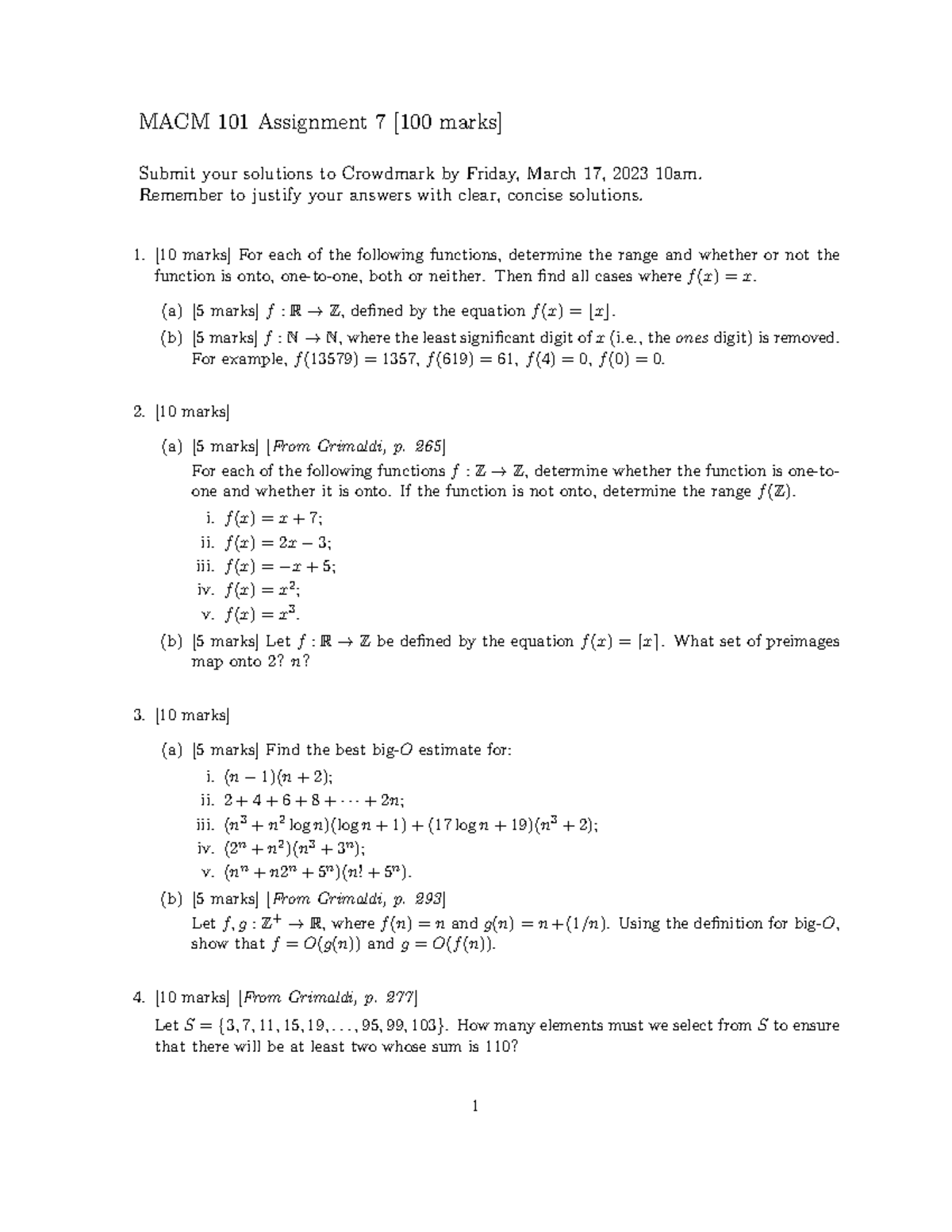 A7 - Assignment 7 - MACM 101 Assignment 7 [100 marks] Submit your solutions to Crowdmark by ...
