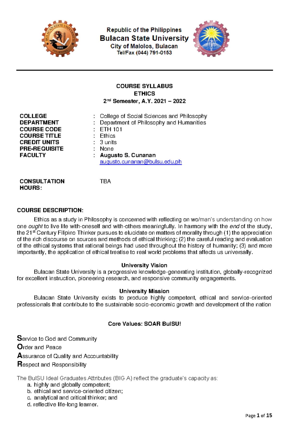 S2 Ethics 101 Course Guide 2022-2023 - COURSE SYLLABUS ETHICS 2 nd ...