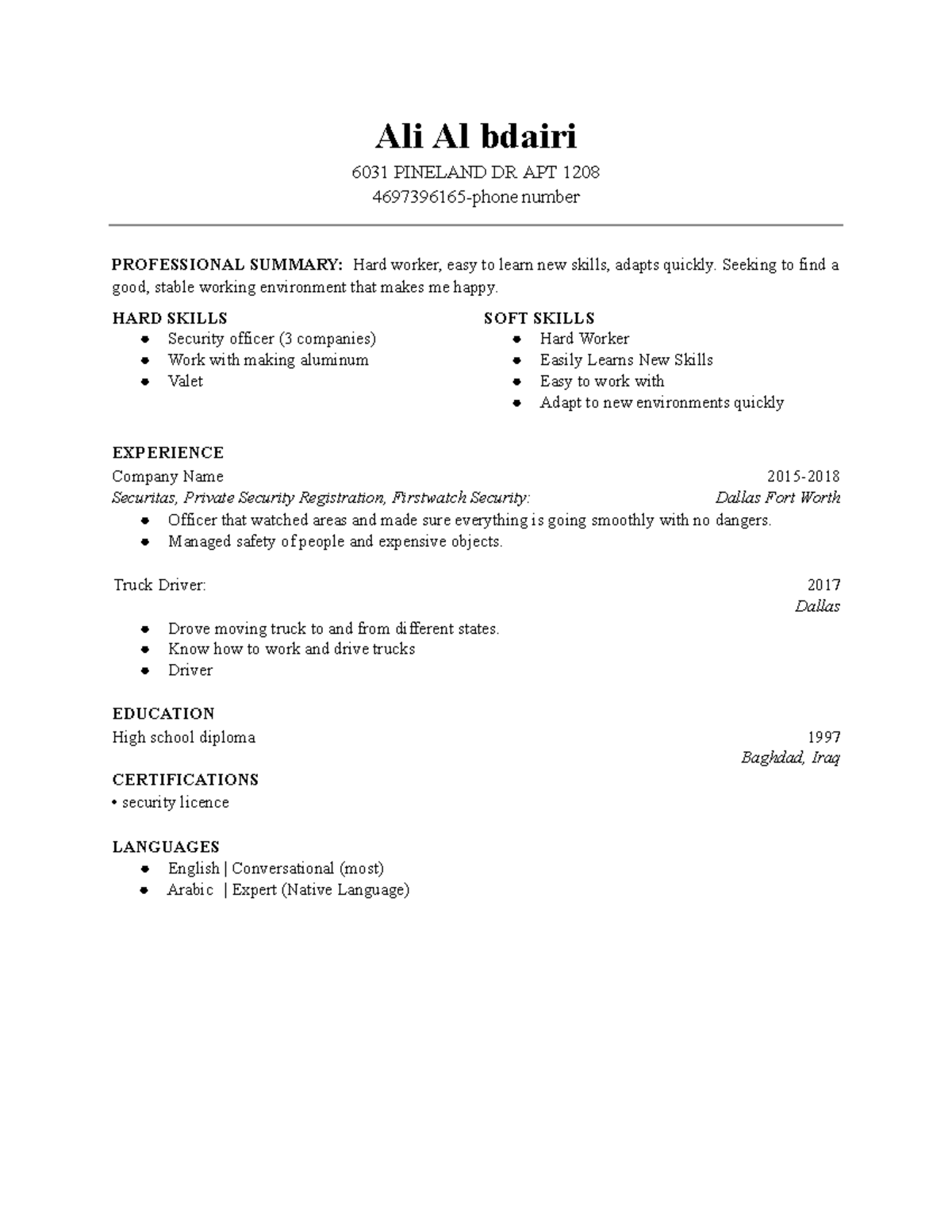 resume example job - Ali Al bdairi 6031 PINELAND DR APT 1208 4697396165 ...