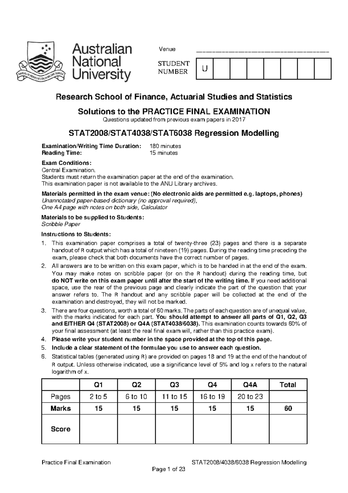 Reg Mod Practice Exam Solutions - Practice Final Examination STAT2008/4038/6038 Regression ...