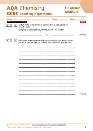 Atomic Structure HT MS - C1 Atomic structure Exam-style mark scheme ...