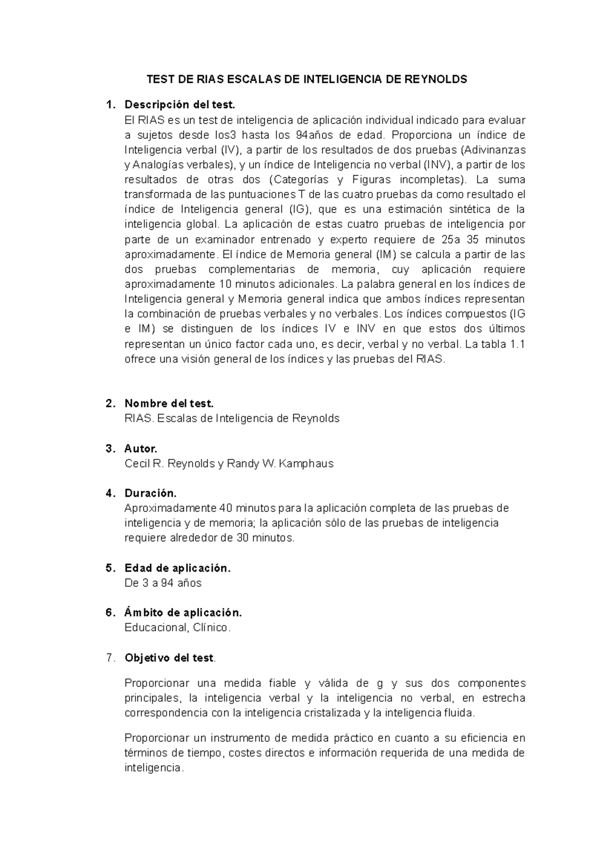 Test de Rias sesión 4 - Pruebas 1 - TEST DE RIAS ESCALAS DE ...