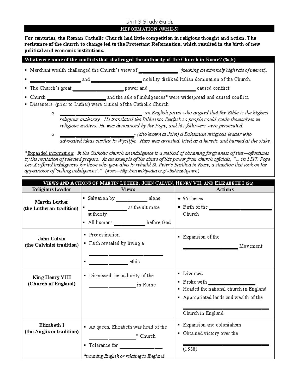 Unit 3 Study Guide - Assignment - REFORMATION (WHII-3) For centuries ...