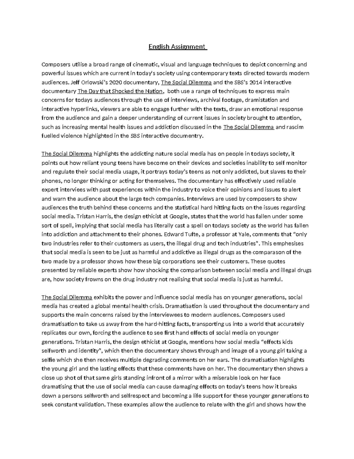 Social Dilemma/Cronulla Riots - English Assignment Composers utilise a ...