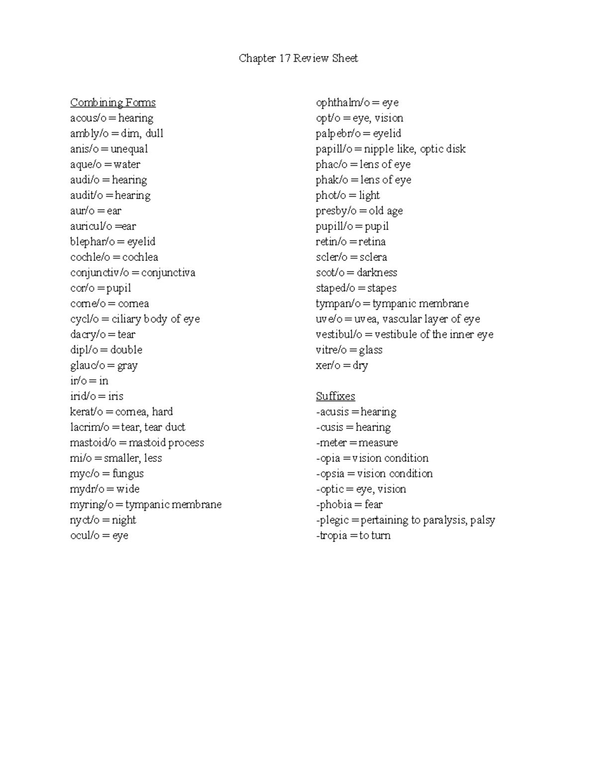 HITT 1305 Chapter 17 Review Sheet - Chapter 17 Review Sheet Combining Forms acous/o = hearing ...
