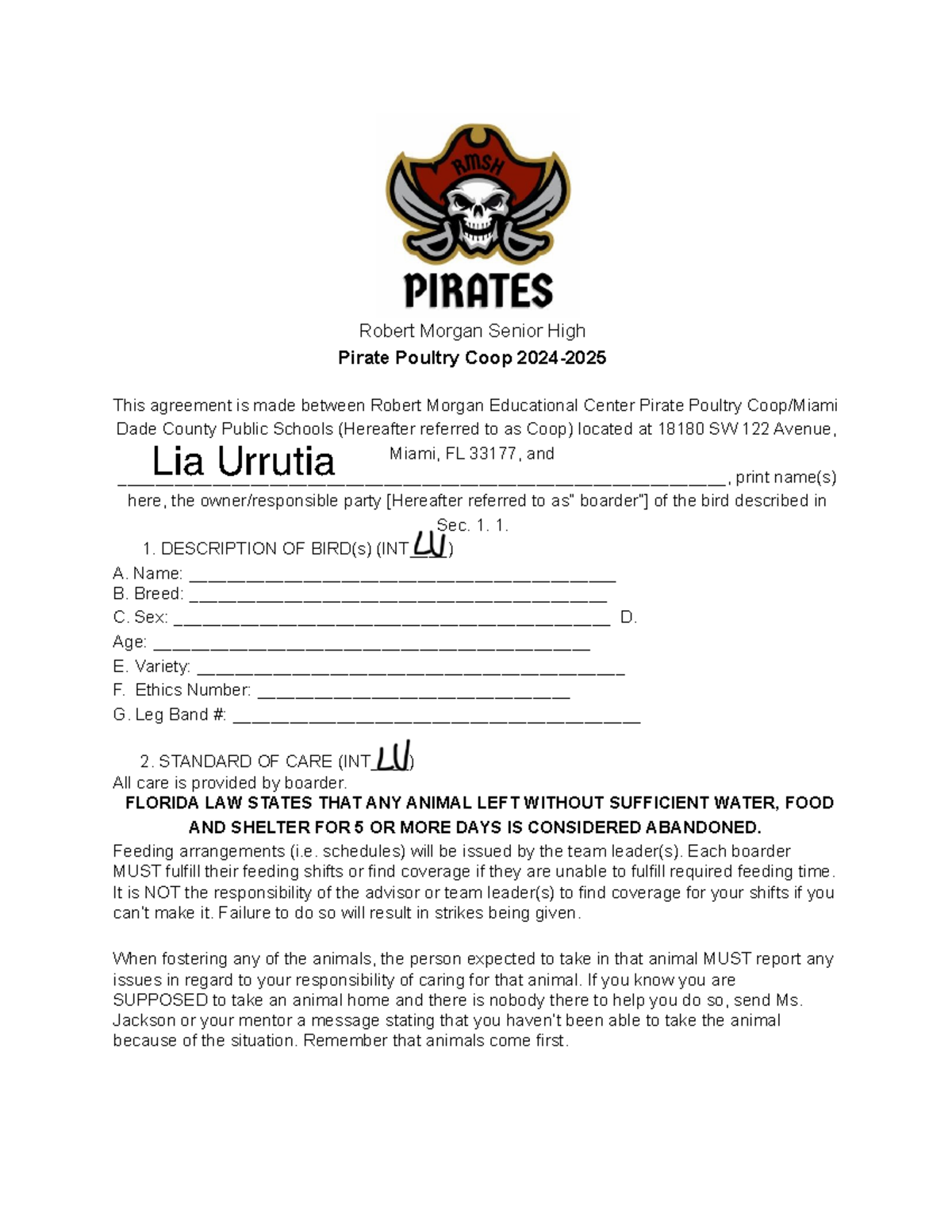 Edited – Poultry SAE Contract - Robert Morgan Senior High Pirate ...
