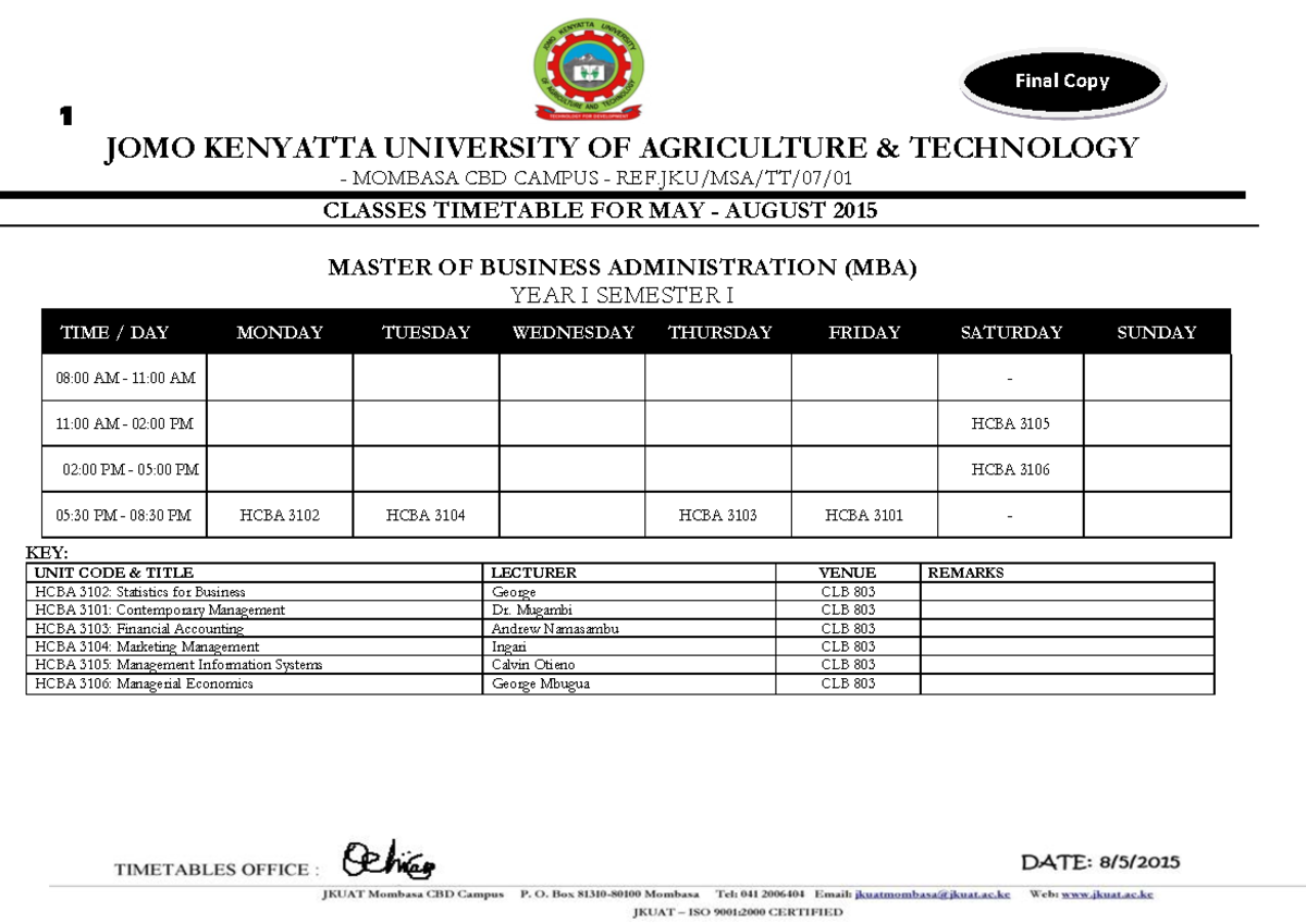 Class TIME Table MAY SEP 2015 Final - 1 JOMO KENYATTA UNIVERSITY OF ...