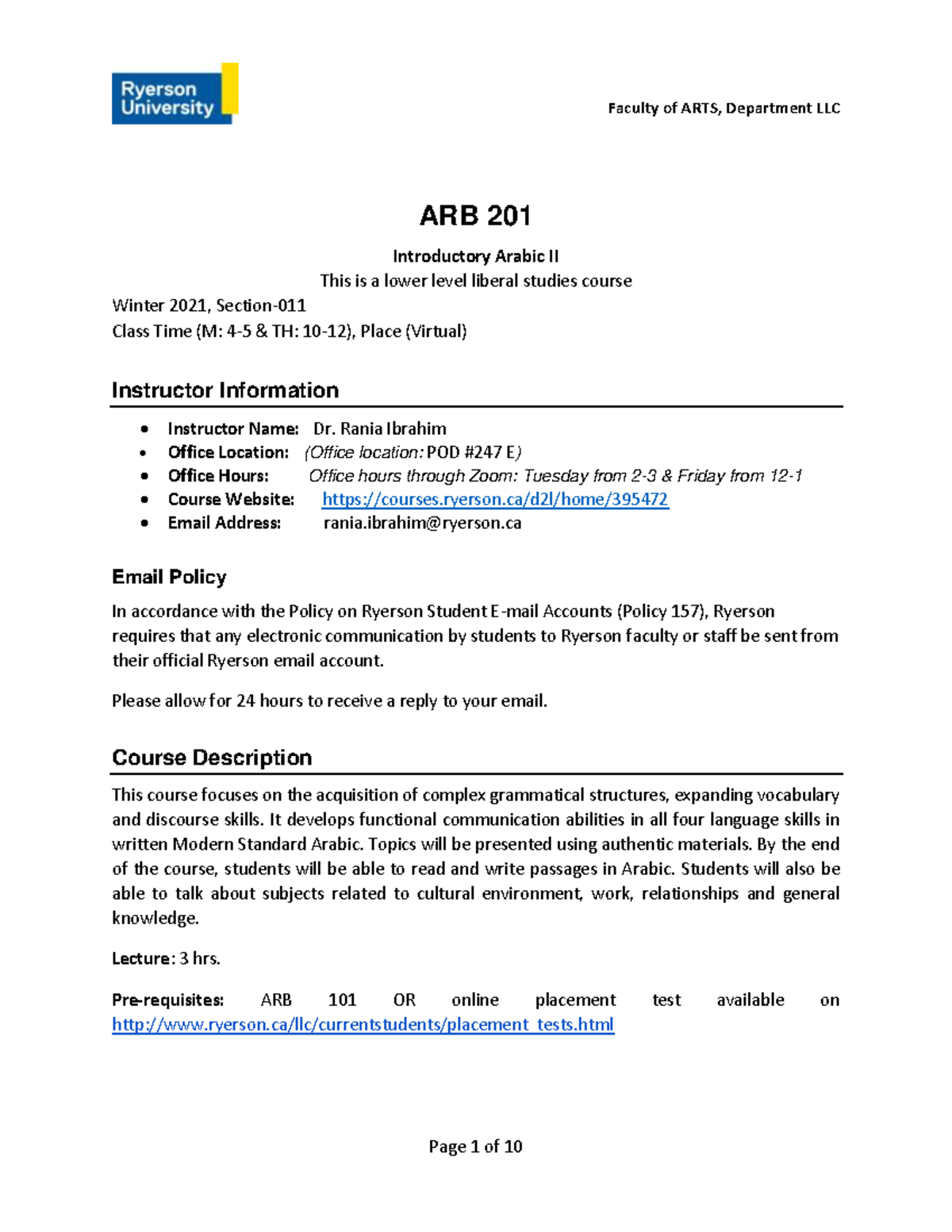 ARB201 Course Outline - Faculty of ARTS, Department LLC ARB 201 ...