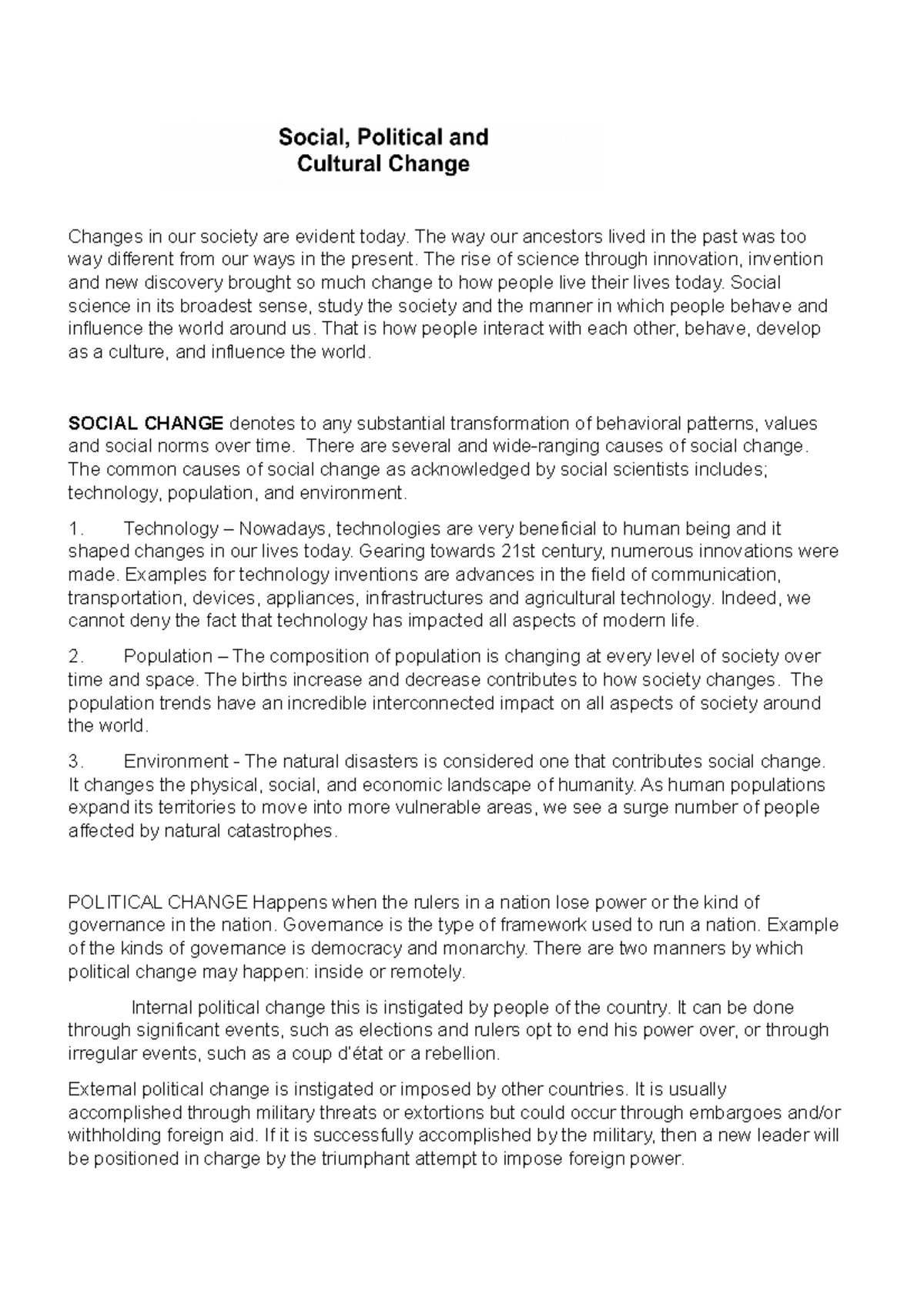 Hand-out in Understanding culture, society and politics - Changes in ...