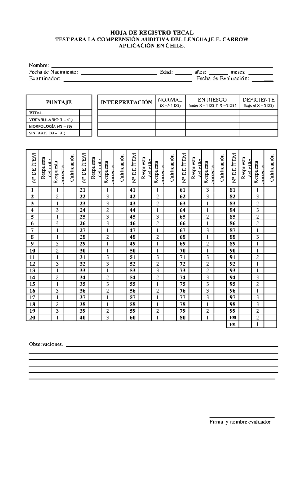 Tecal - EVALUACIÓN - HOJA DE REGISTRO TECAL TEST PARA LA COMPRENSIÓN ...