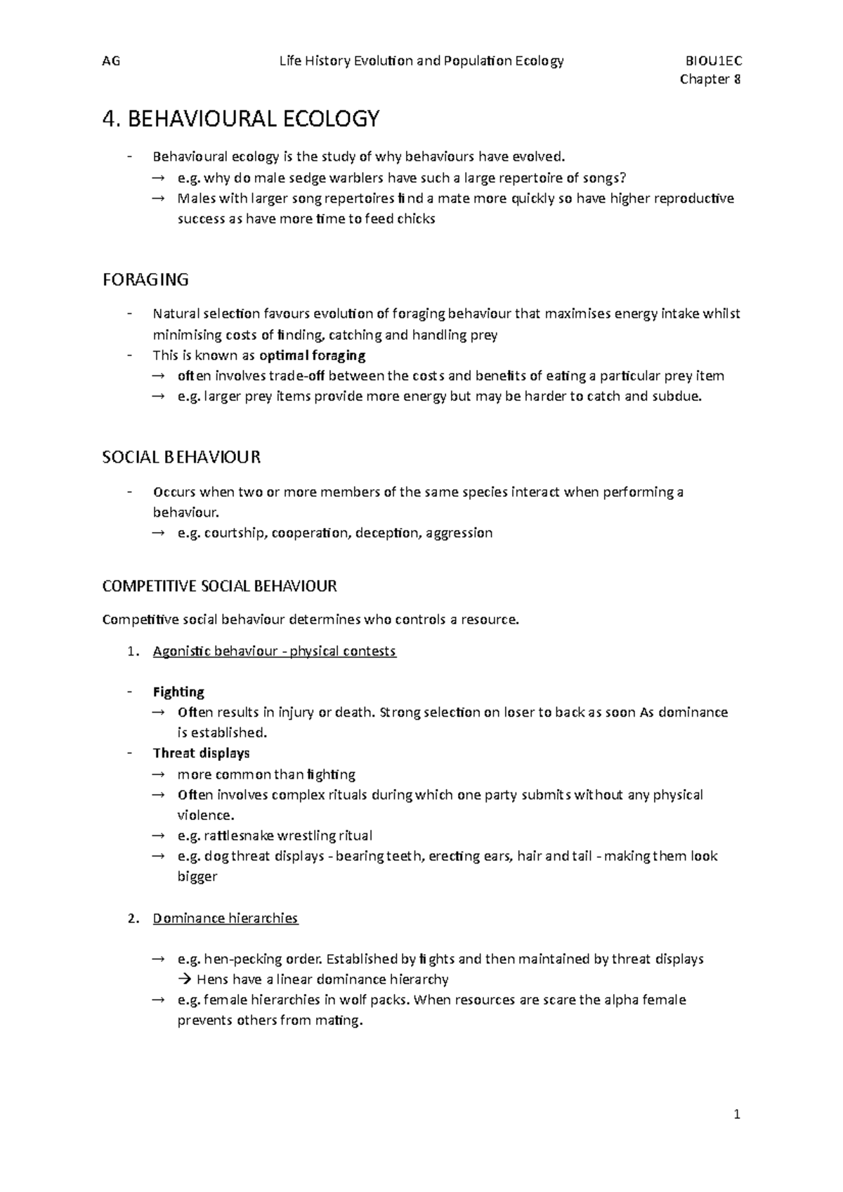 4. Behavioural Ecology - Stirling - Studocu