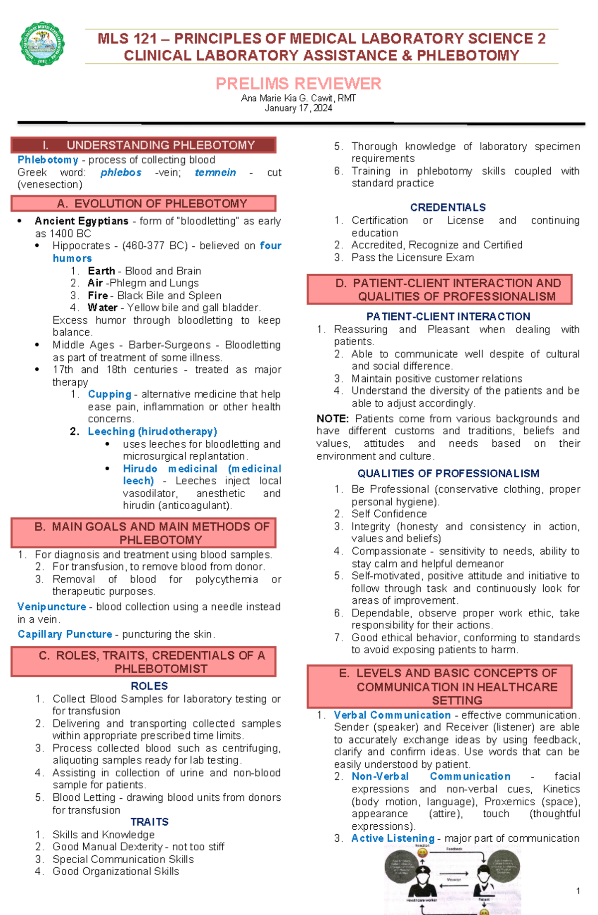 MLS 121 Prelims Reviewer - MLS 121 – PRINCIPLES OF MEDICAL LABORATORY ...