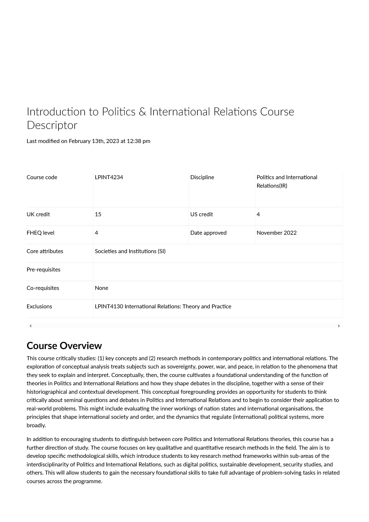 Introduction to Politics & International Relations Course Descriptor - Northeastern University ...