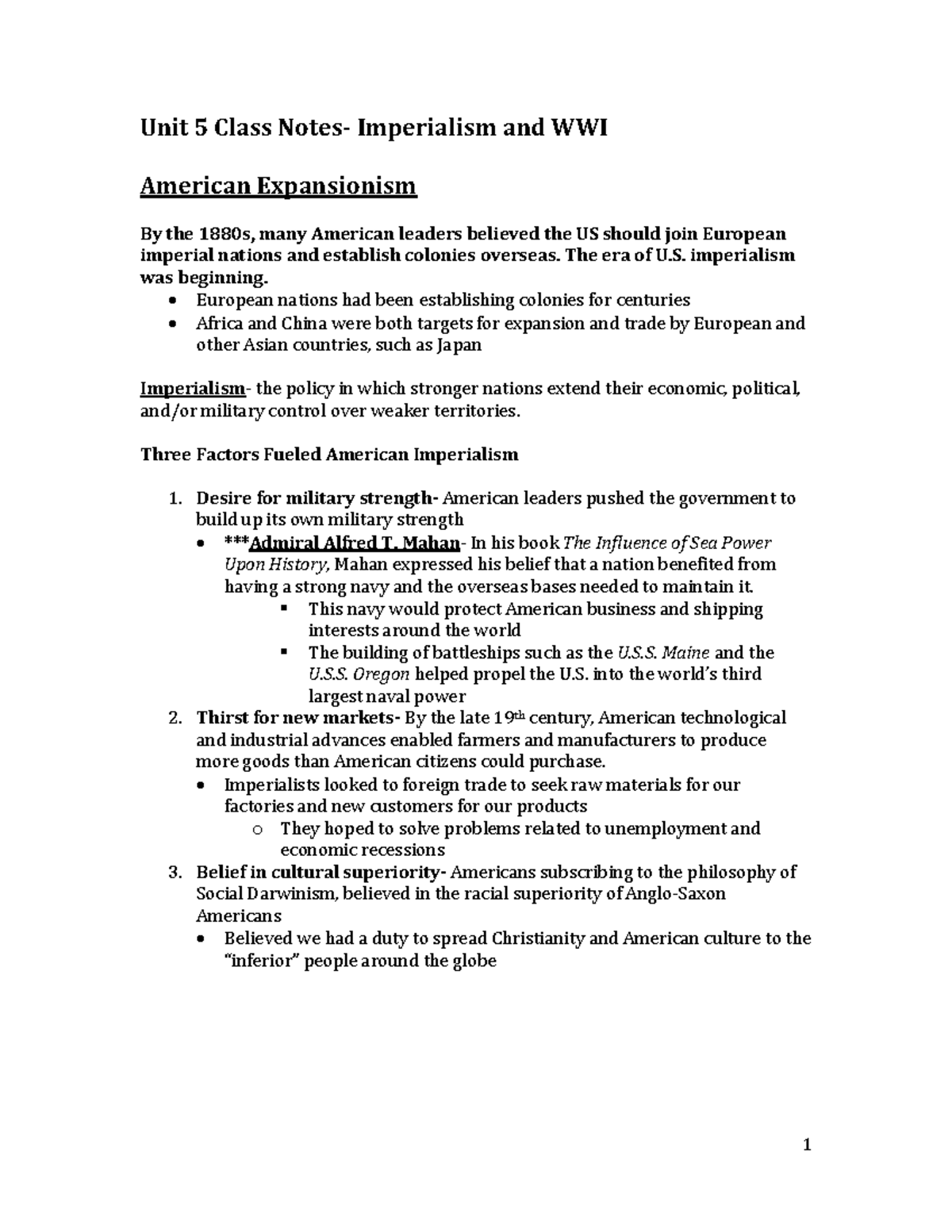 Unit 5 Class Notes - Unit 5 Class Notes- Imperialism and WWI American ...