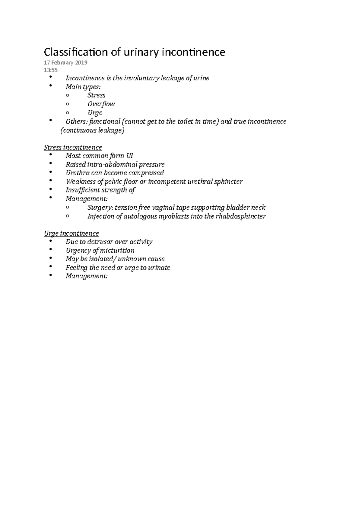 Classification of urinary incontinence - Studocu