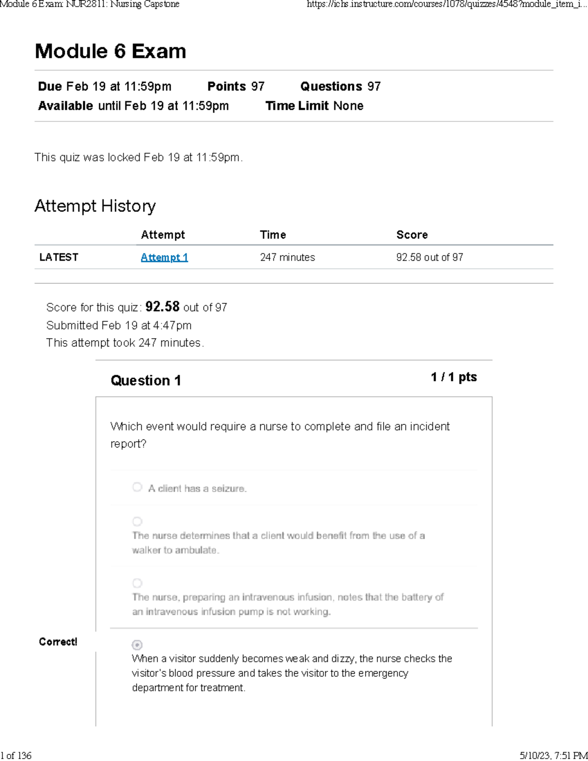 Module 6 Exam NUR2811 Nursing Capstone - Module 6 Exam Due Feb 19 at 11 ...