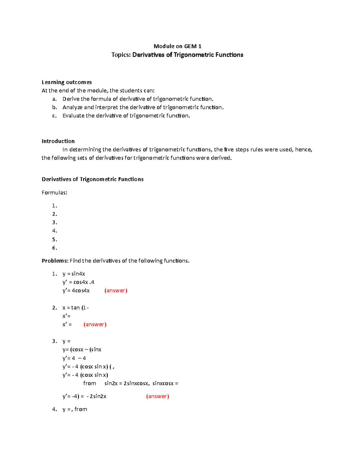 Module 7 on GEM 1 (Derivatives of Trigonometric Function) - Module on ...