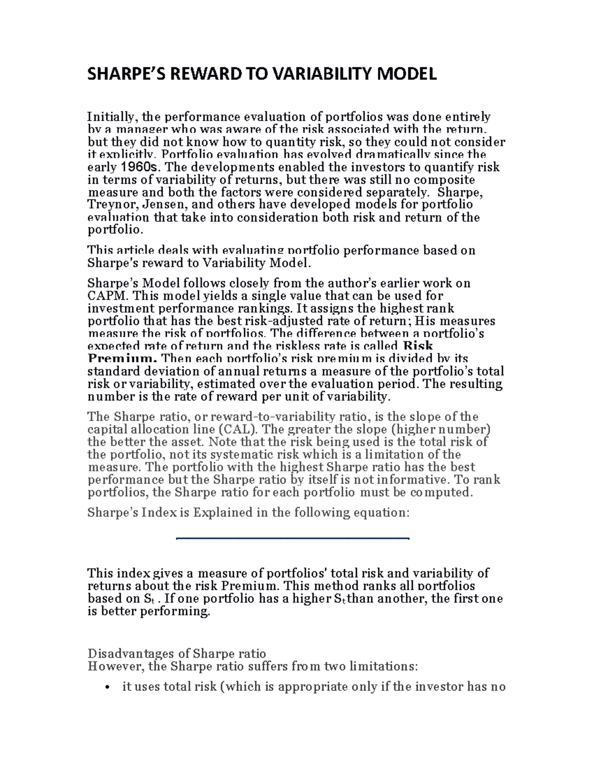 Sharpe's ratio used foe portfolio evaluation - SHARPE’S REWARD TO ...