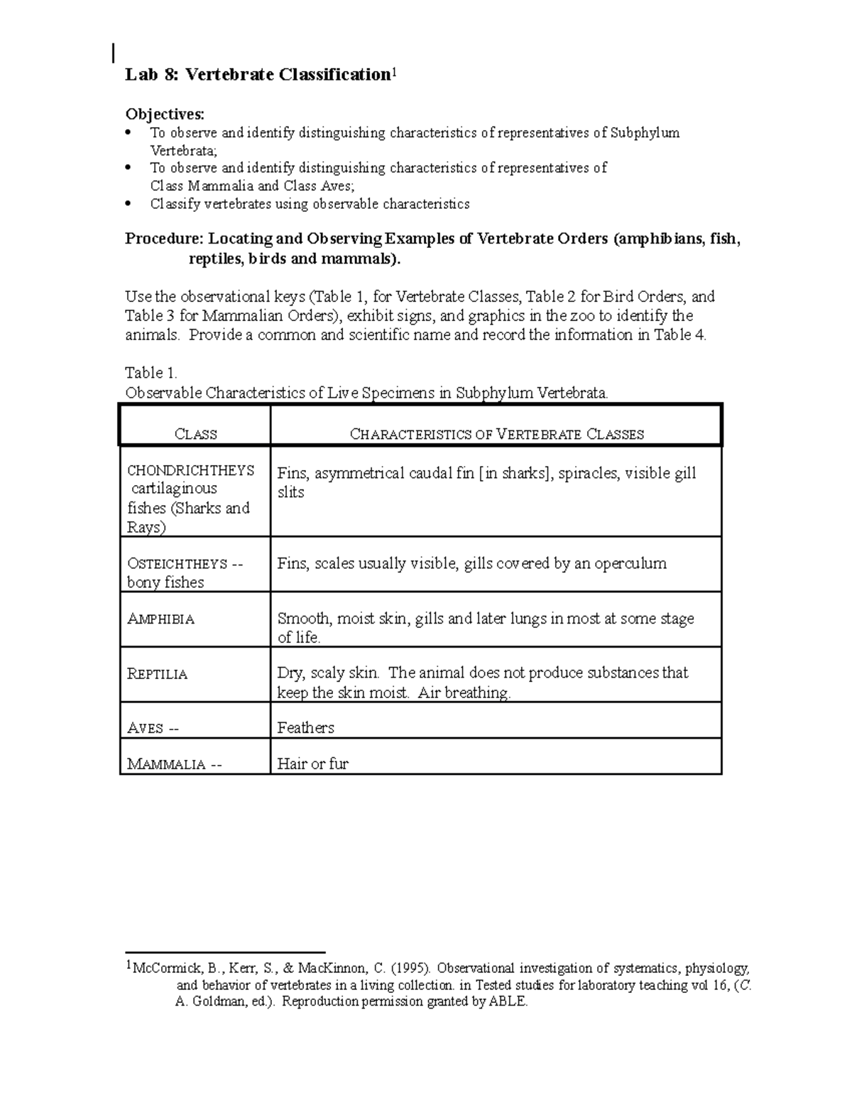 Lab-8 Vertebrate Classification - Use the observational keys (Table 1 ...