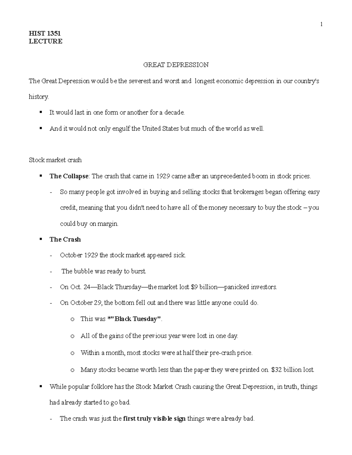 1351 (online) - Great Depression - HIST 1351LECTURE GREAT DEPRESSION ...