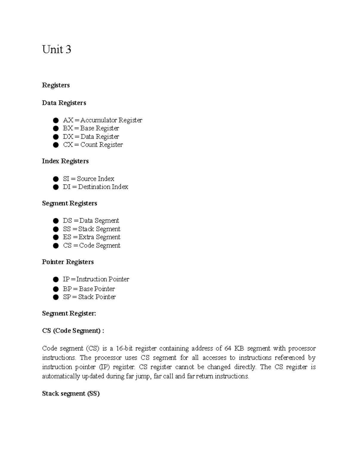 5. Unit 3 - notes on coa - Unit 3 Registers Data Registers AX ...