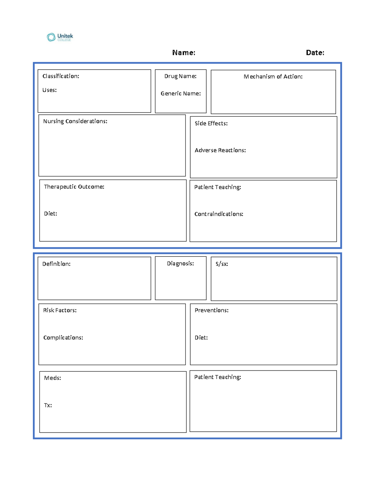 Rx Dx Cards - note - MSGSM710 - Name: Date: Classification: Uses: Drug ...
