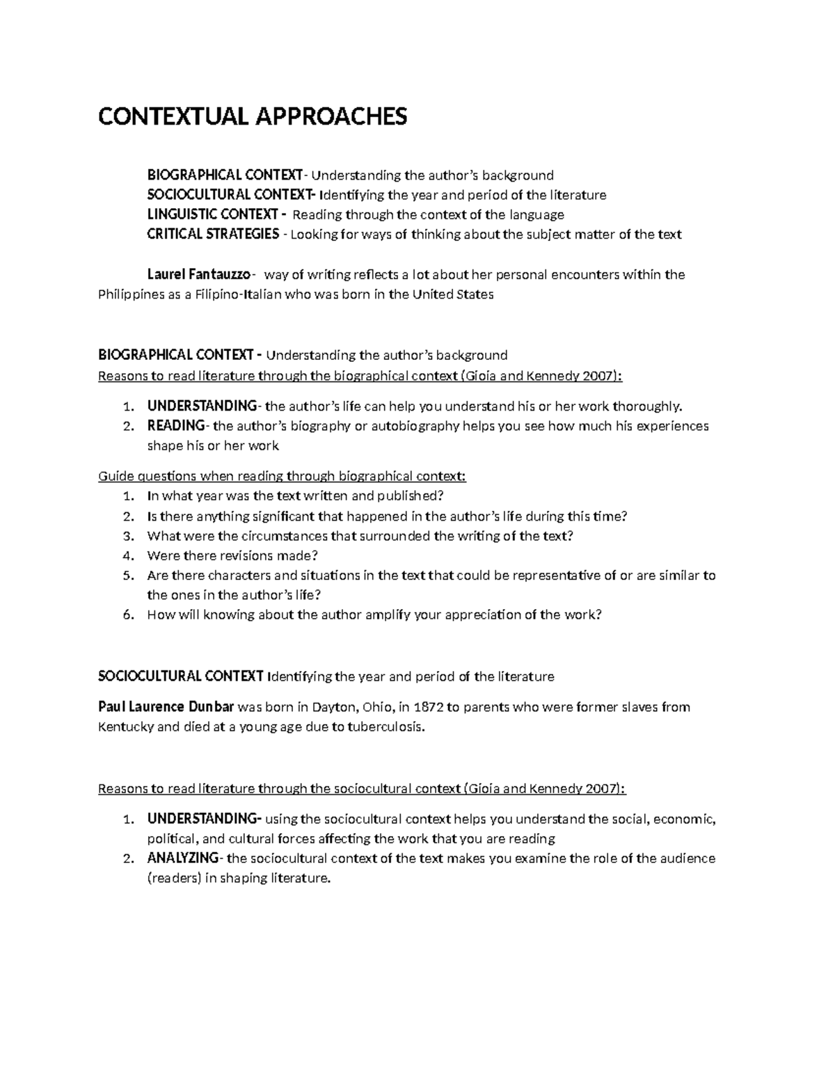 Contextual Approaches - CONTEXTUAL APPROACHES BIOGRAPHICAL CONTEXT- Understanding the author’s ...