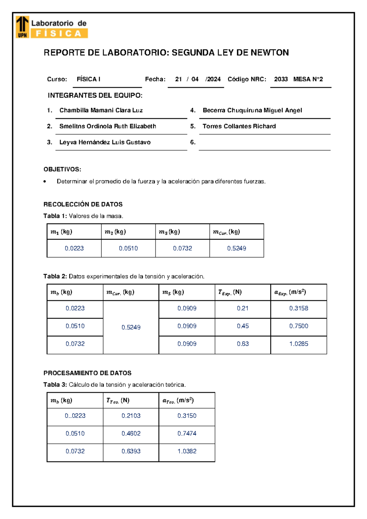 2024 Reporte LAB FISI1 S04 - REPORTE DE LABORATORIO: SEGUNDA LEY DE NEWTON Curso: FÍSICA I Fecha ...