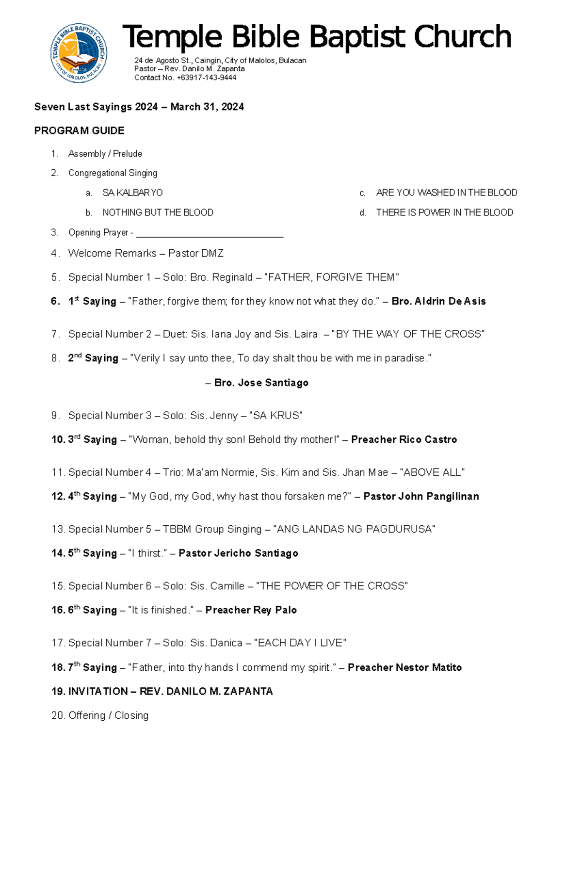 Seven LAST Sayings 2024 Program - 24 de Agosto St., Caingin, City of ...