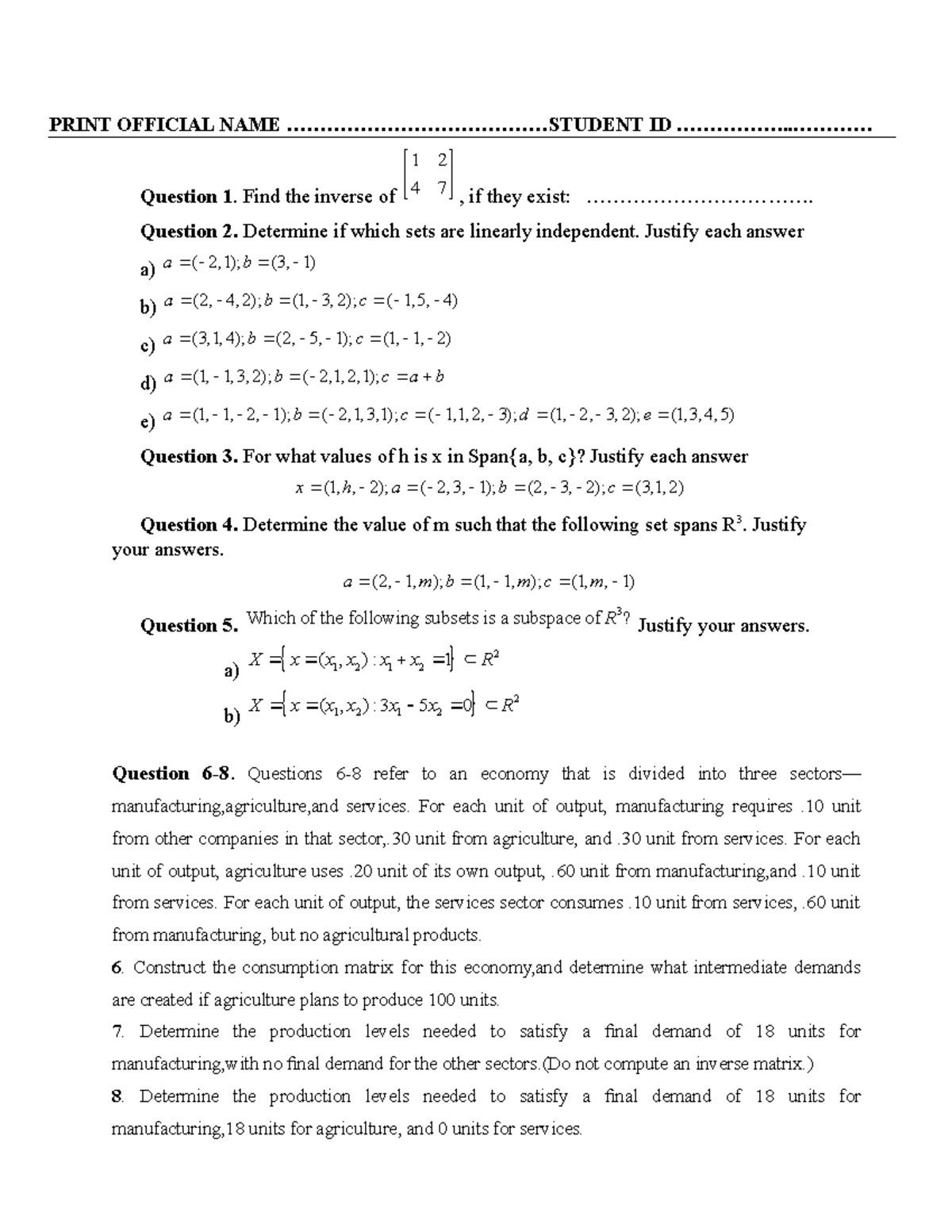 Advanced- Mathematic Midterm- Test 2121 - PRINT OFFICIAL NAME - Studocu