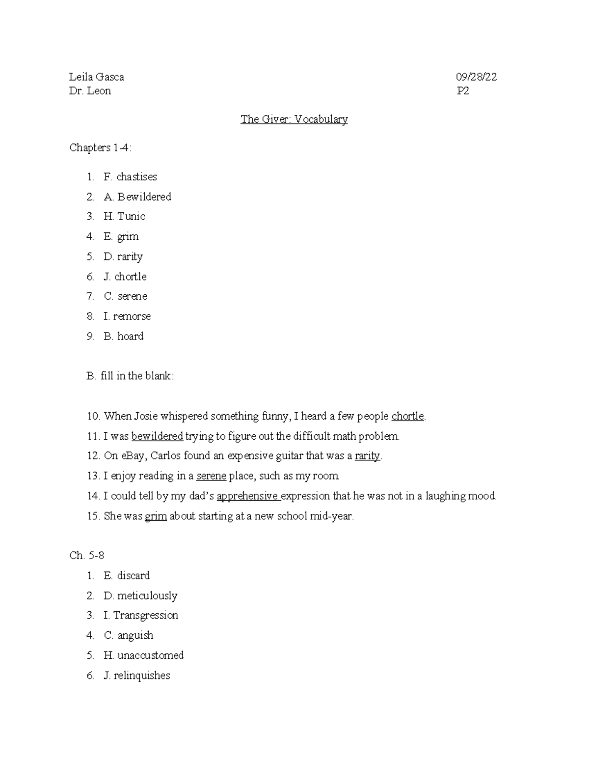 The Giver Vocabulary - vocabs - Leila Gasca 09/28/ Dr. Leon P The Giver ...