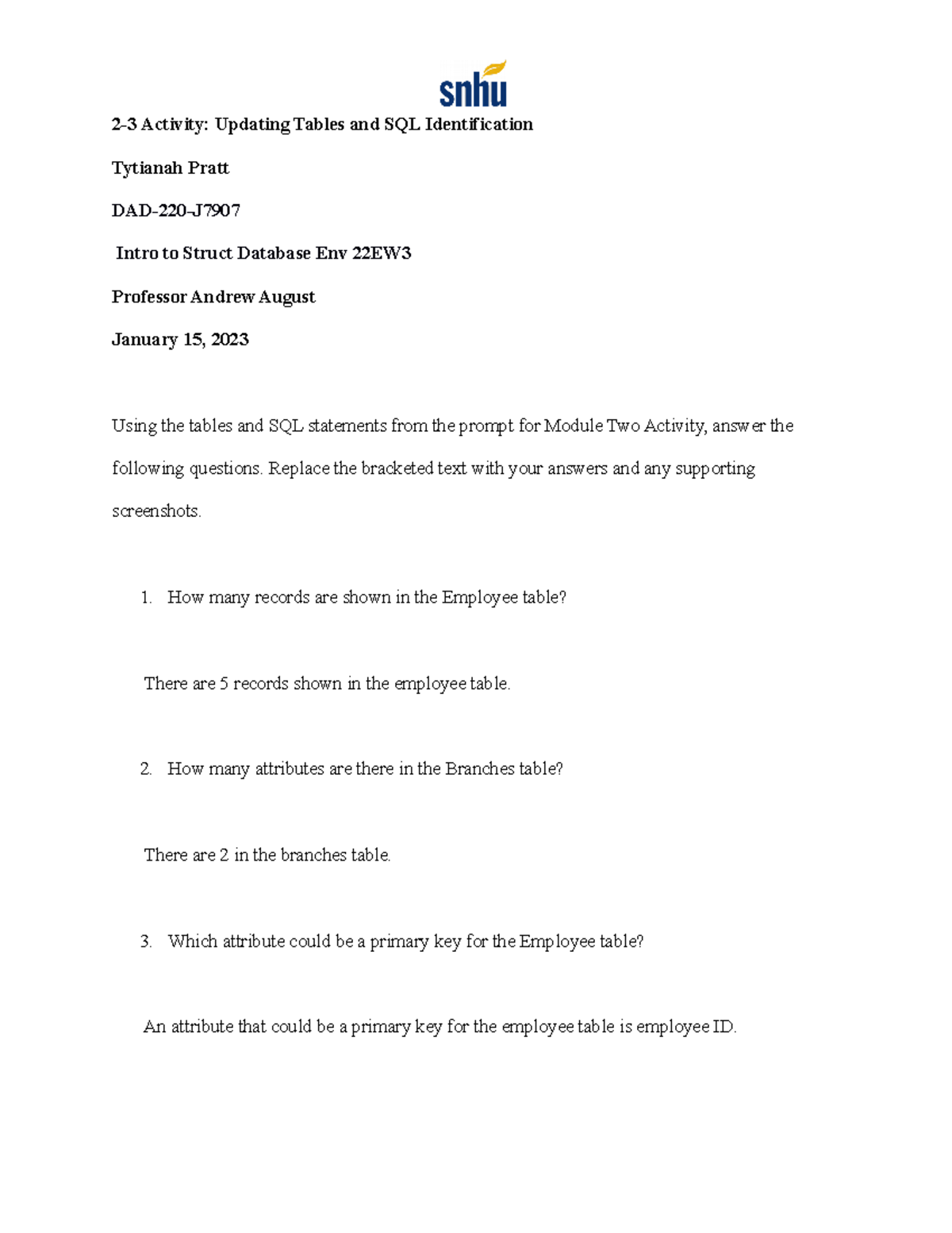 Pratt Module Two Activity - 2-3 Activity: Updating Tables and SQL ...