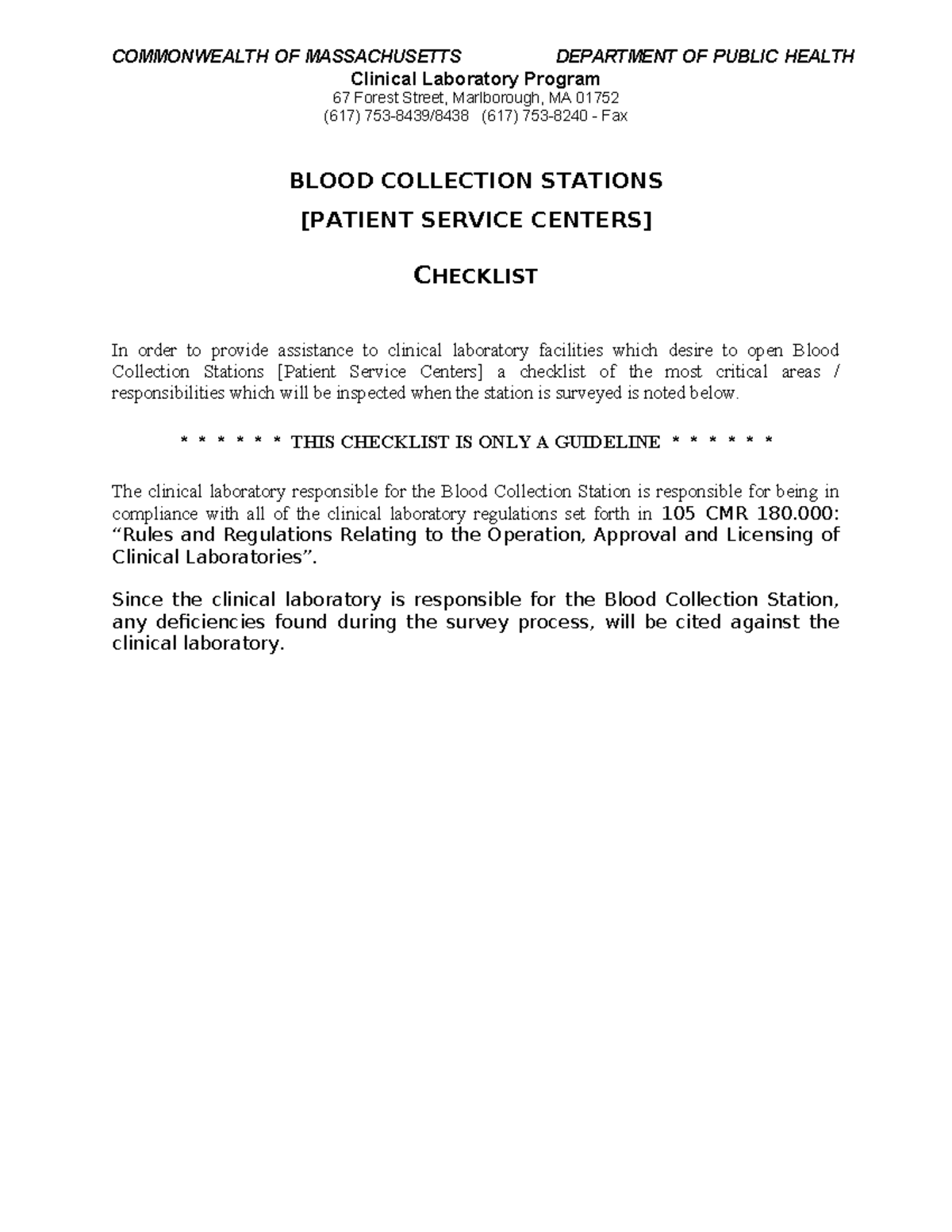 Blood collection checklist updated - COMMONWEALTH OF MASSACHUSETTS ...