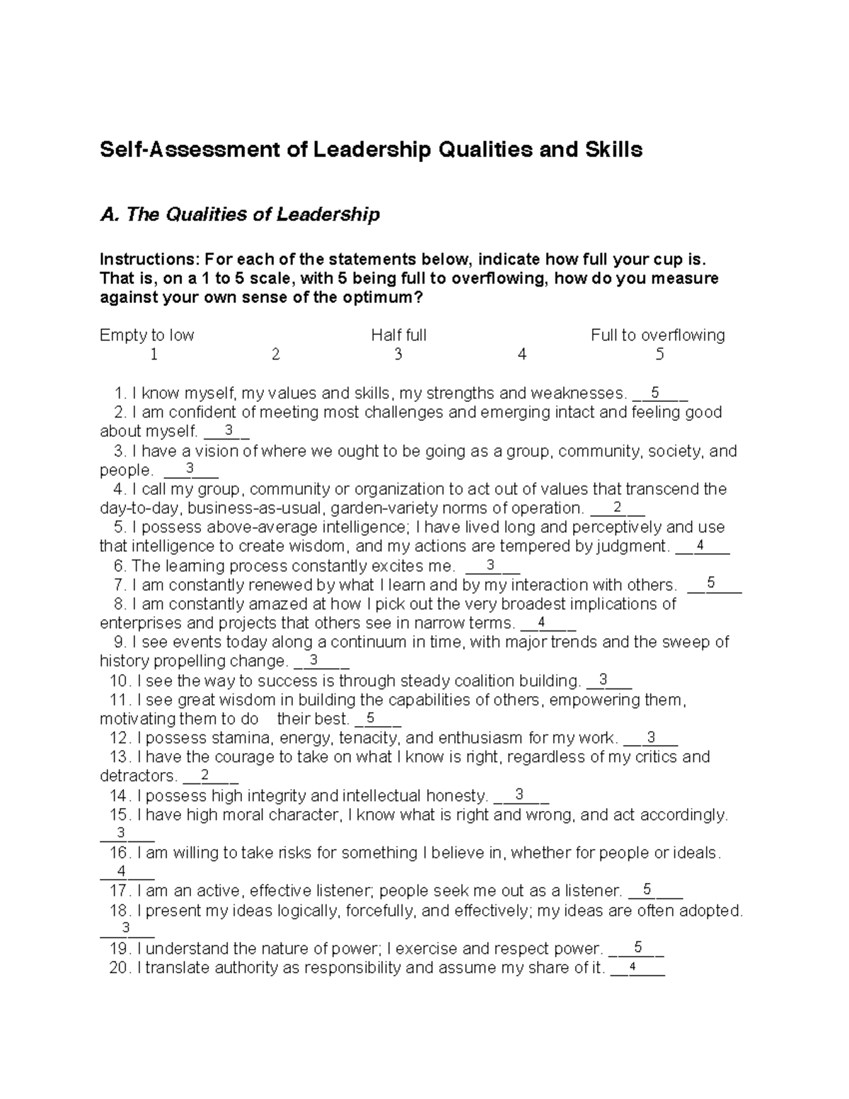 PLP 1 and 11 - Self-Assessment of Leadership Qualities and Skills ...