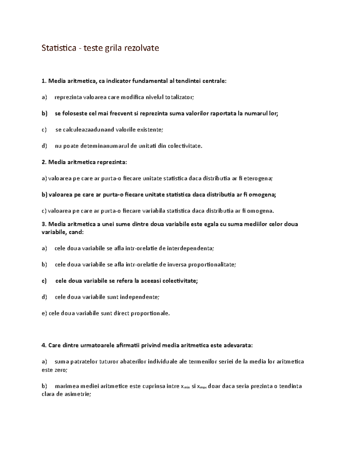 Grile MCC - Statistica - teste grila rezolvate Media aritmetica, ca ...