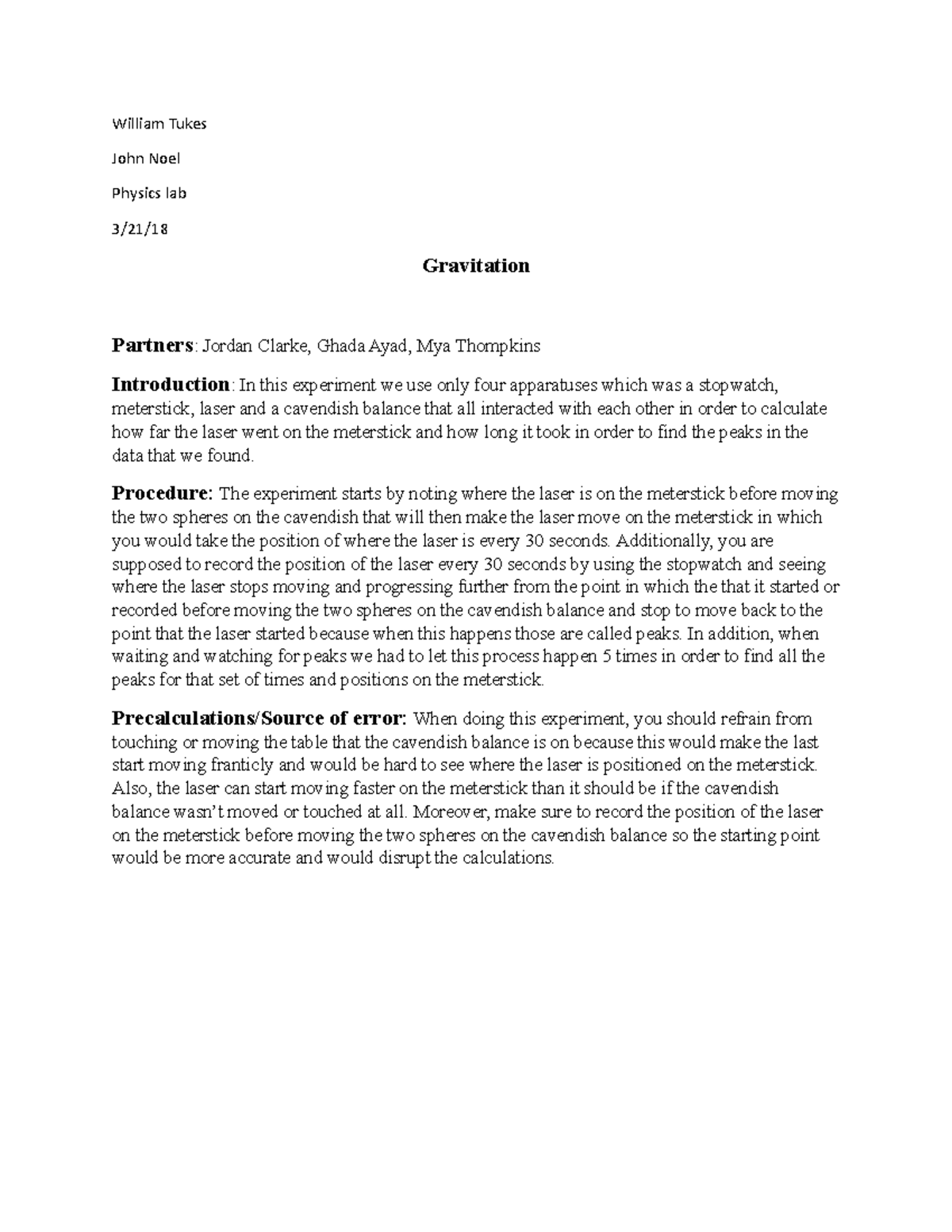 Gravitation Lab 2 - lab - William Tukes John Noel Physics lab 3/21 ...